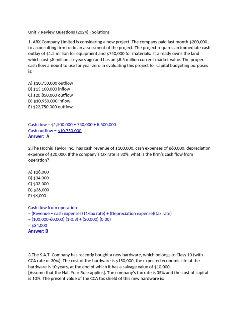 Unit 7 - Review Questions - Solutions (2024) | PDF | Depreciation | Net Present Value