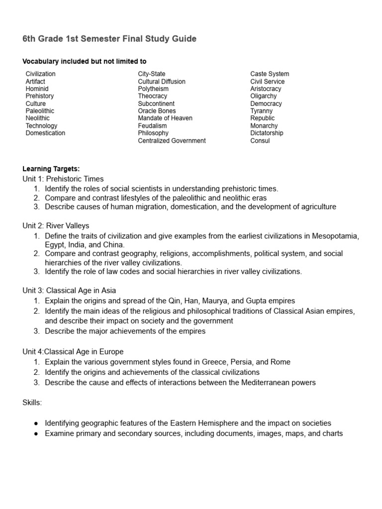 6th Grade 1st Semester Final Study Guide Social | PDF