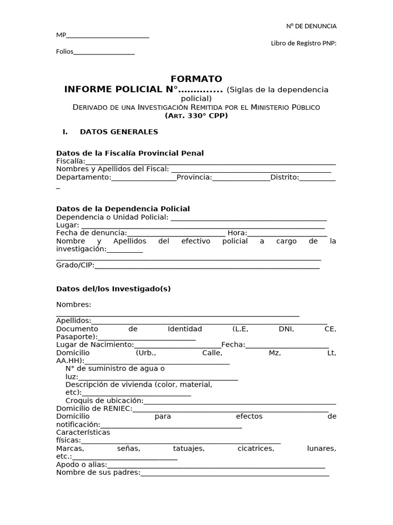 Formato de Informe Policial de Denuncia Derivada de Fiscalia | PDF ...