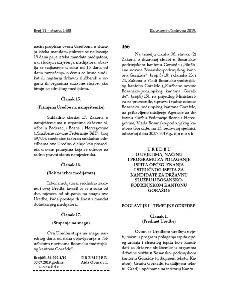 Uredba o Uslovima Načinu I Programu Za Polaganje Ispita Općeg Znanja I Stručnog Ispita 11 19 | PDF