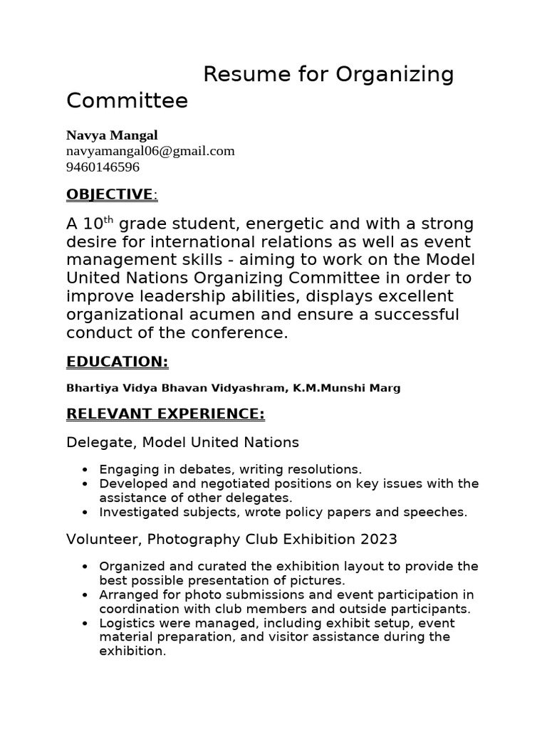 Resume For Organizing Committee | PDF