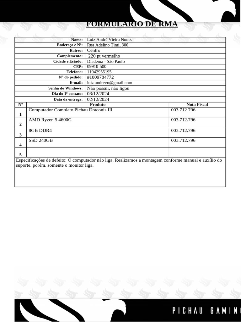 Formulário de RMA - Pichau Informática | PDF | Informática