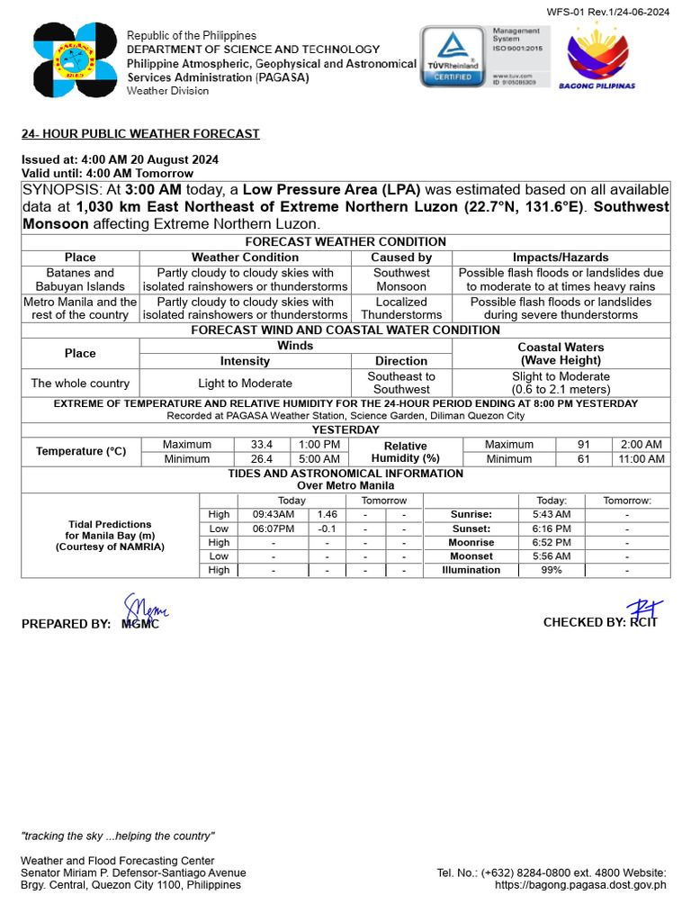 24-Hour Weather Forecast for August 20 | PDF | Weather | Flood