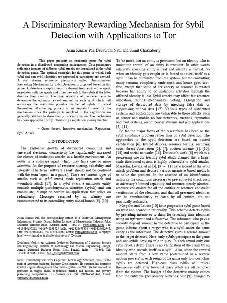 Asim Kumar Pal, Debabrata Nath, Sumit Chakraborty - Algorithmic Game For Detection of Sybil ...