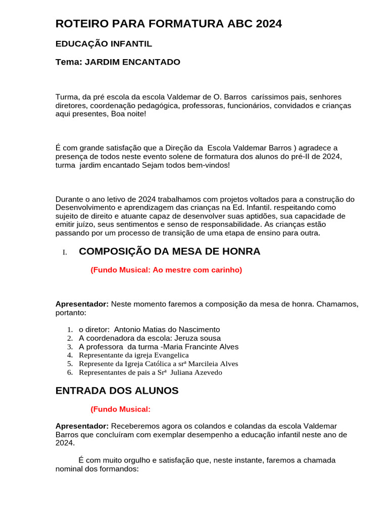 Roteiro para Formatura ABC 2023 | PDF | Pré-escola | Escolas
