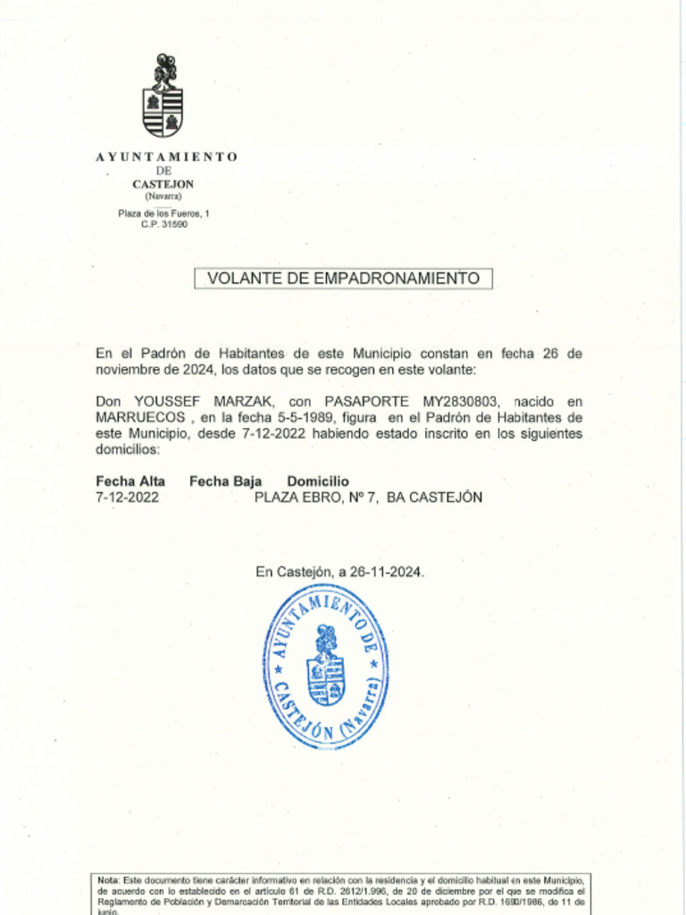 Volante de Empadronamiento | PDF