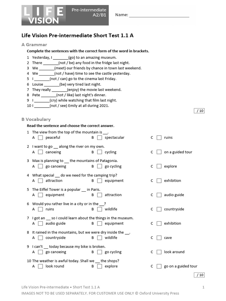 Life Vision Pre-Intermediate Test 1.1 | PDF