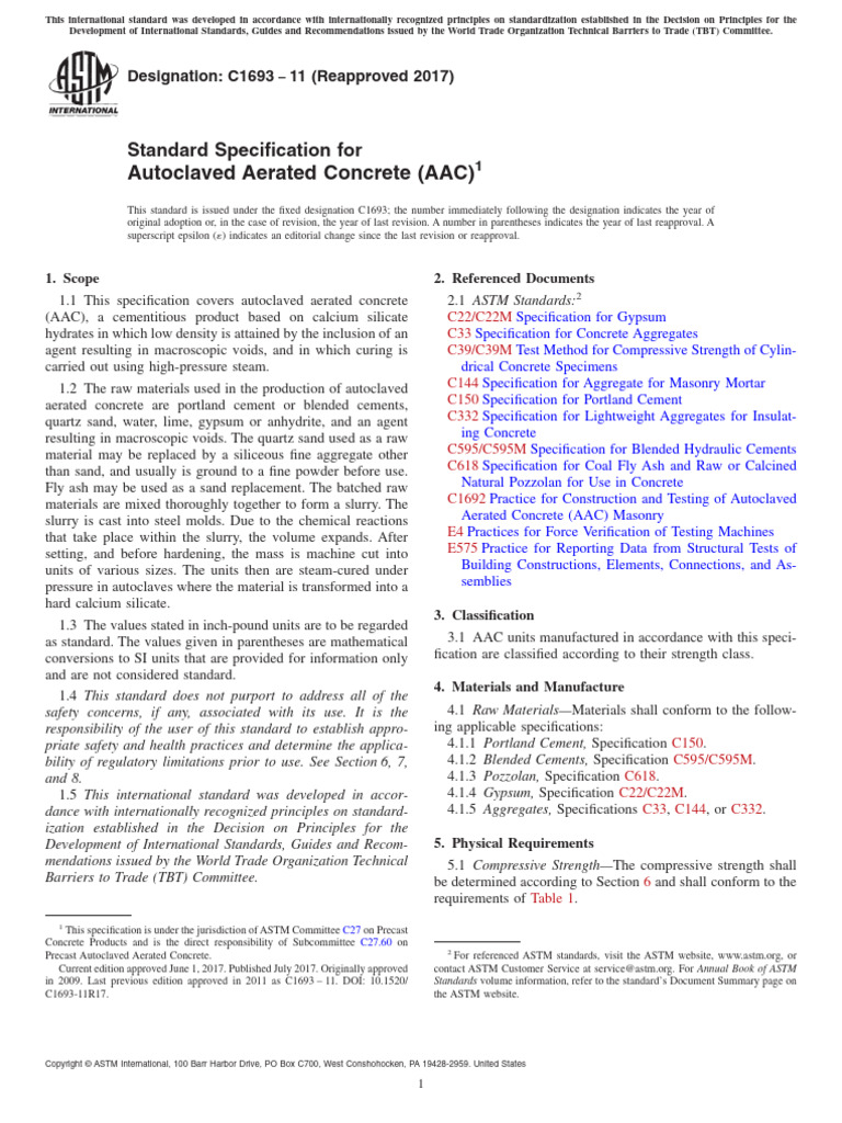 C1693 - Standard Specification For Autoclaved Aerated Concrete - AAC ...