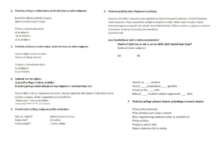 Prilozi, pridjevi, prijedlozi_vježba | PDF