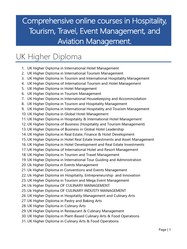 Comprehensive Online Courses in Hospitality, Tourism, Travel, Event ...