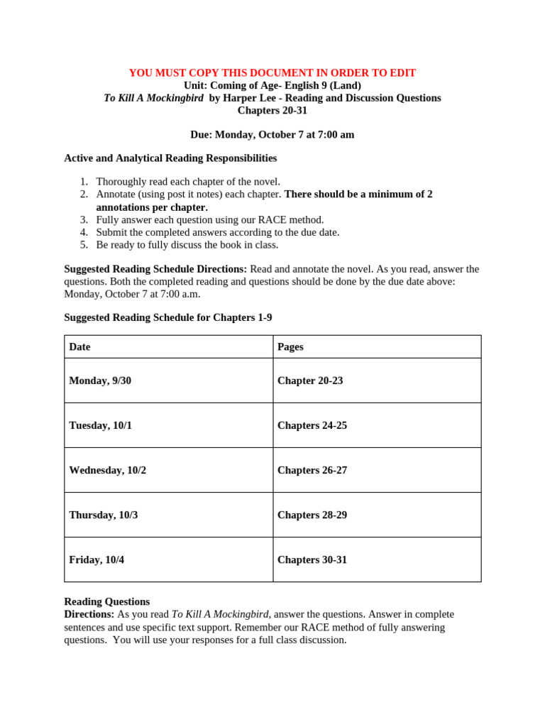 TKAM - Reading and Discussion Questions_ Chapters 20-31 | PDF | To Kill ...
