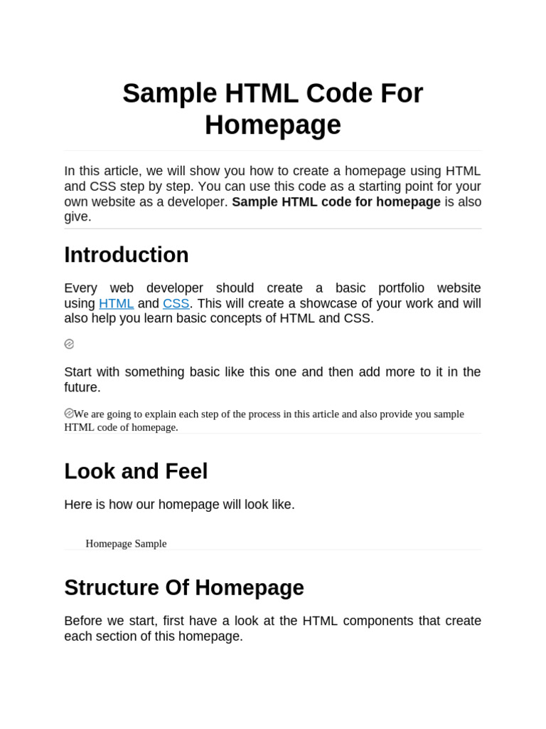 Sample HTML Code for Homepage | PDF | Html | World Wide Web Sample HTML Code for Homepage | PDF | Html | World Wide Web