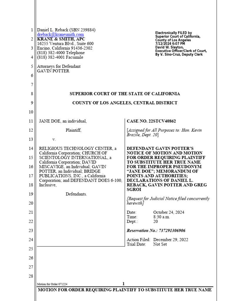 Gavin Potter's Motion For Order Requiring Jane Doe To Use True Name | PDF | Lawsuit | Pleading