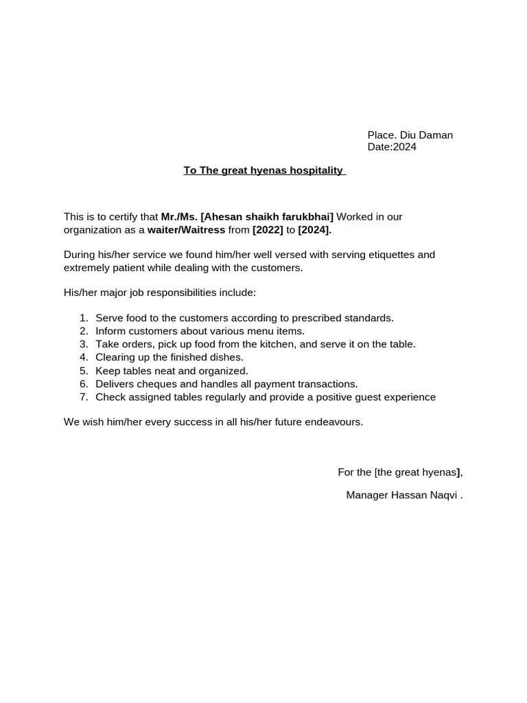 Hotel-Waiter-Expereince-Certificate | PDF