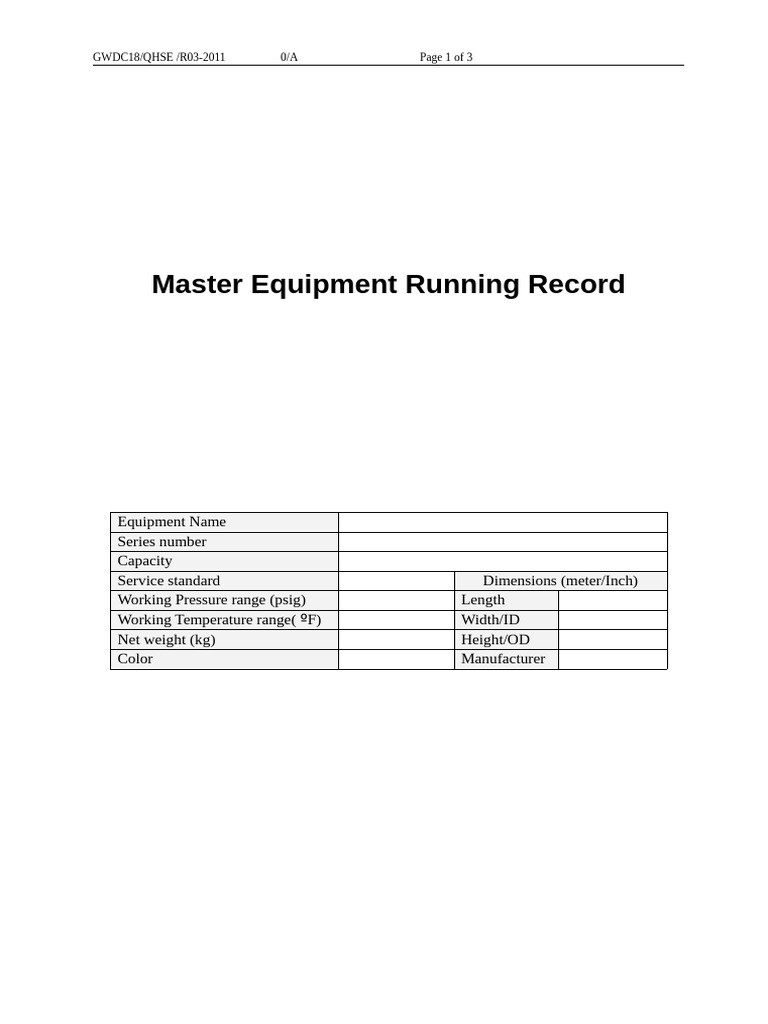 Master Equipment Running Record Form | PDF