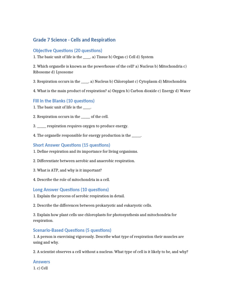 Grade7 Science Cells Respiration Complete Final | PDF
