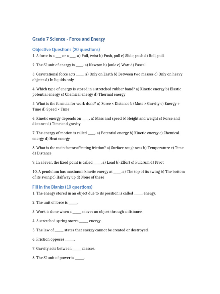Grade7_Science_Force_Energy_Final_Complete | PDF | Force | Potential Energy