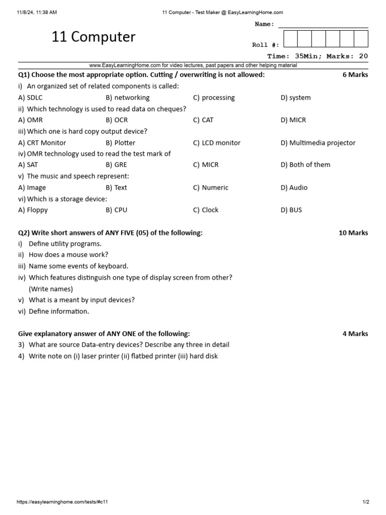 11 Computer - Test Maker @ | PDF | Computer Monitor | Input/Output