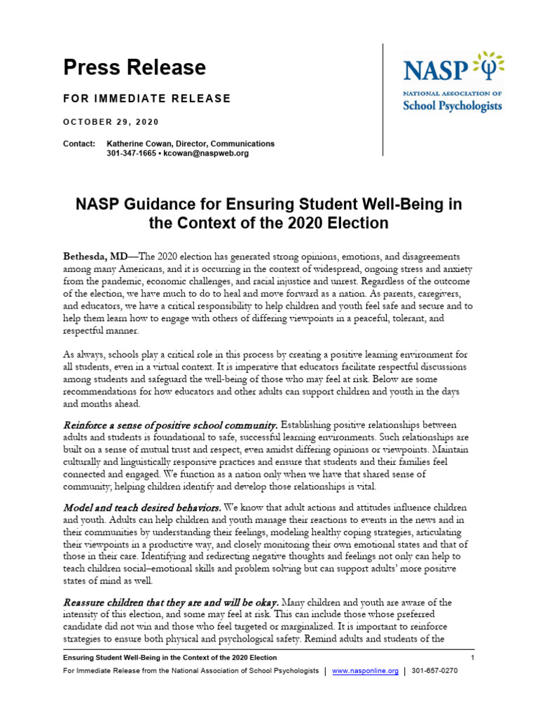 NASP Guidance For Ensuring Student Well-Being in The Context of The 2020 Election | PDF ...