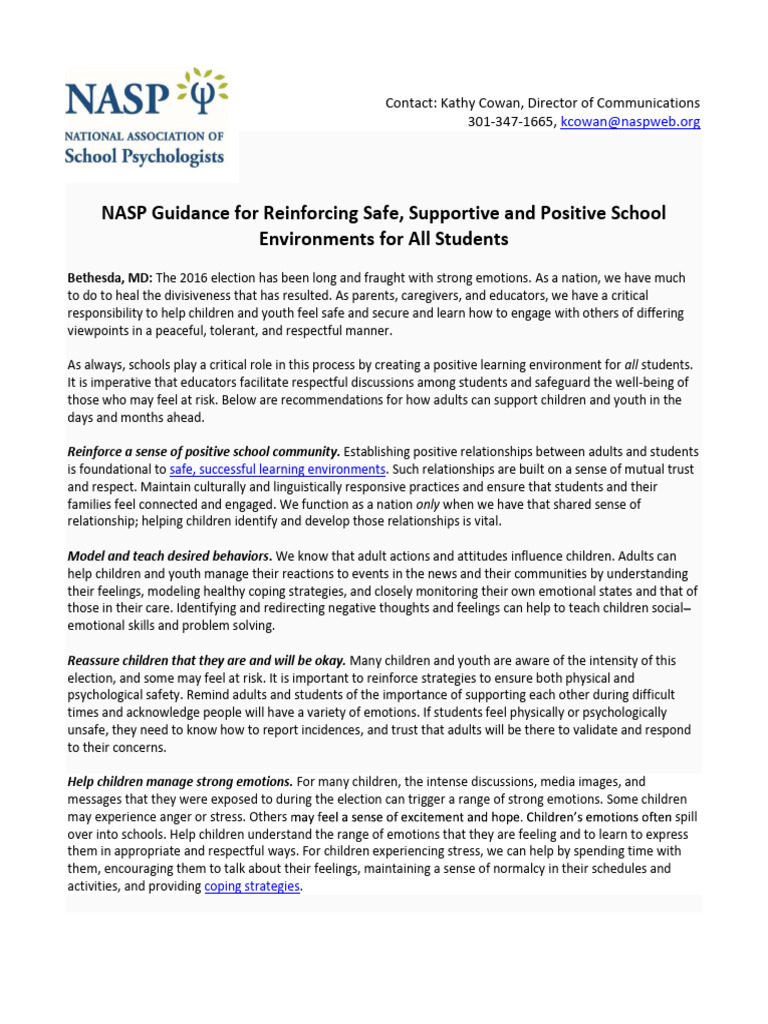 NASP Guidance for Positive School Environments | PDF | Bullying | Emotions
