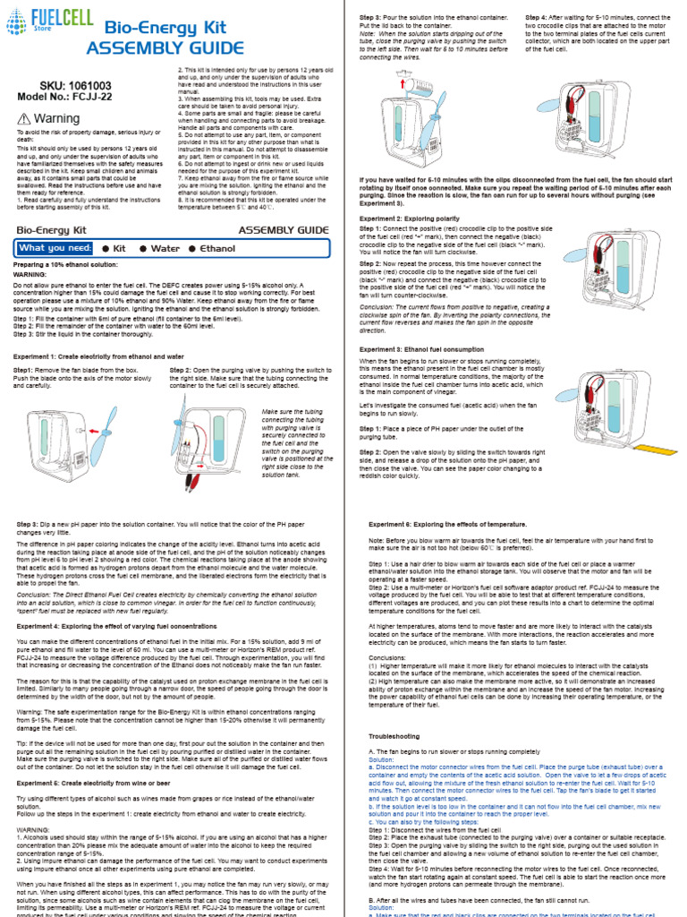 Bio-Energy Kit Assembly Instructions | PDF | Ethanol | Fuel Cell