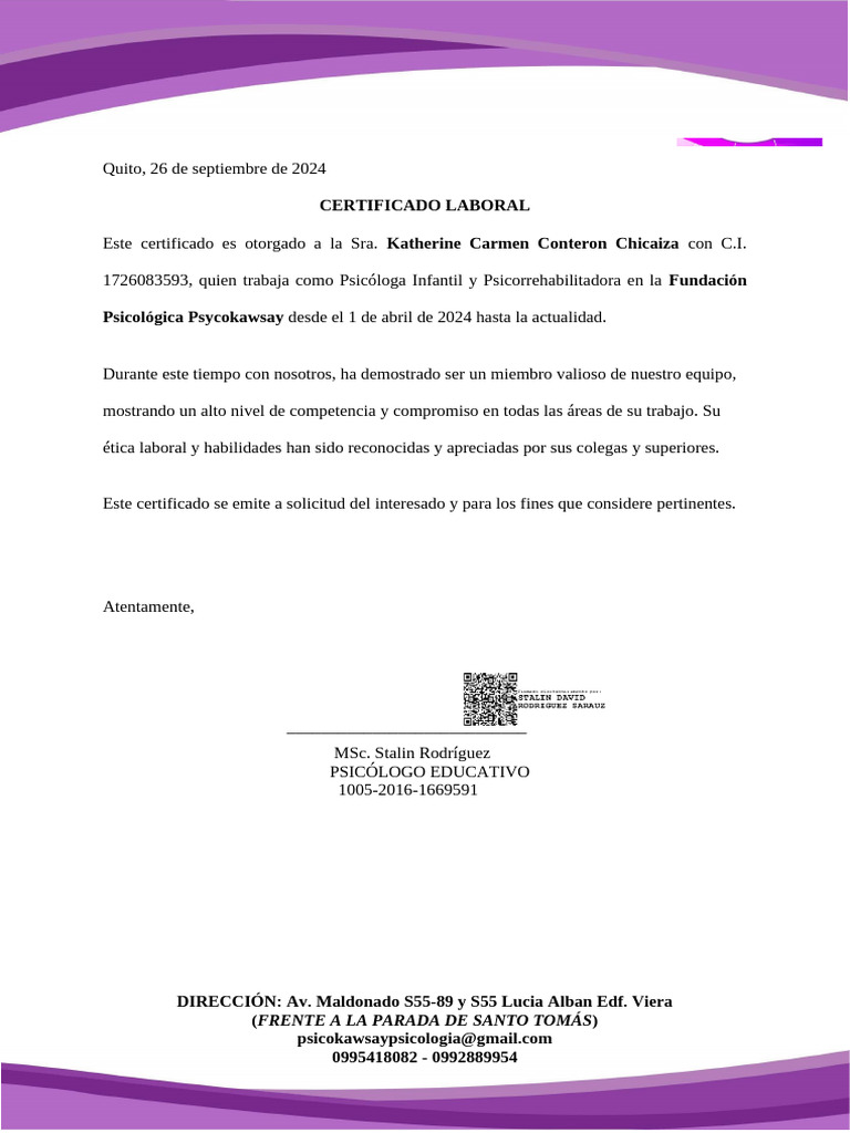 Certificado Laboral de Psicóloga Infantil | PDF