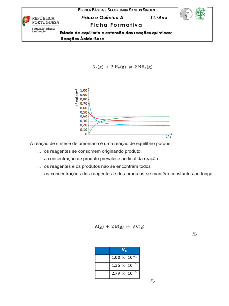 Ficha Formativa_quimica_D1S2_D2S1 | PDF | Equilíbrio químico | Ramos da Termodinâmica