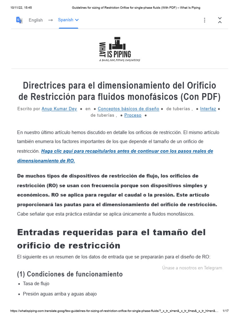 Guidelines for sizing of Restriction Orifice for single-phase fluids ...