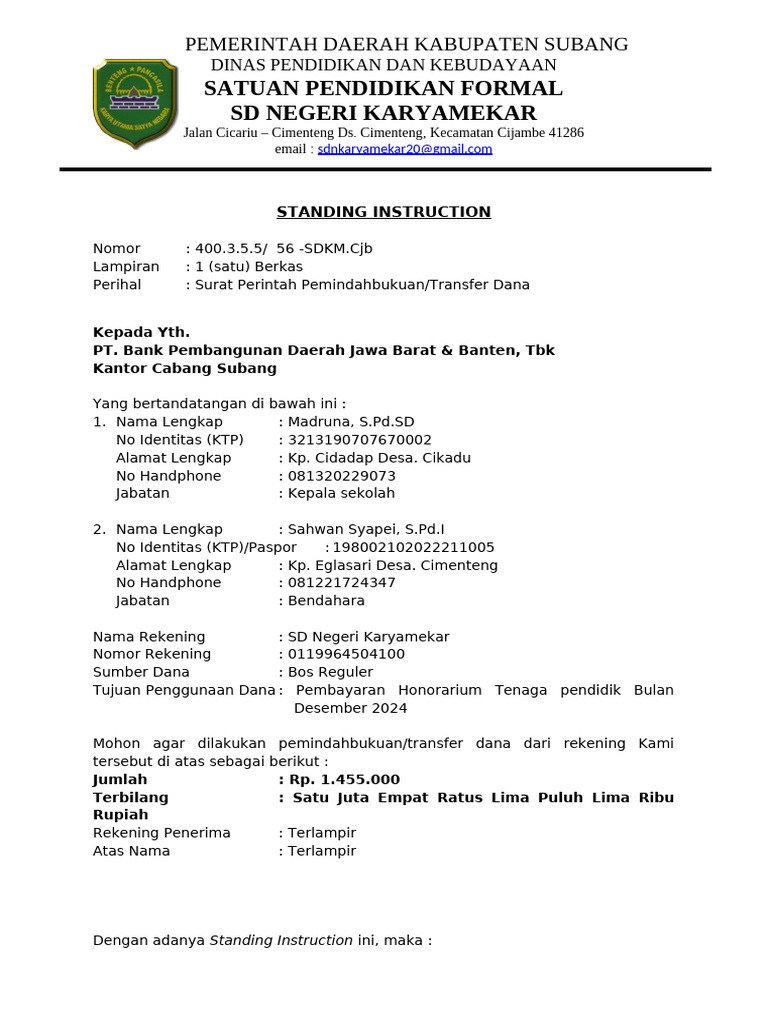 Format Standing Instruction - Karya | PDF