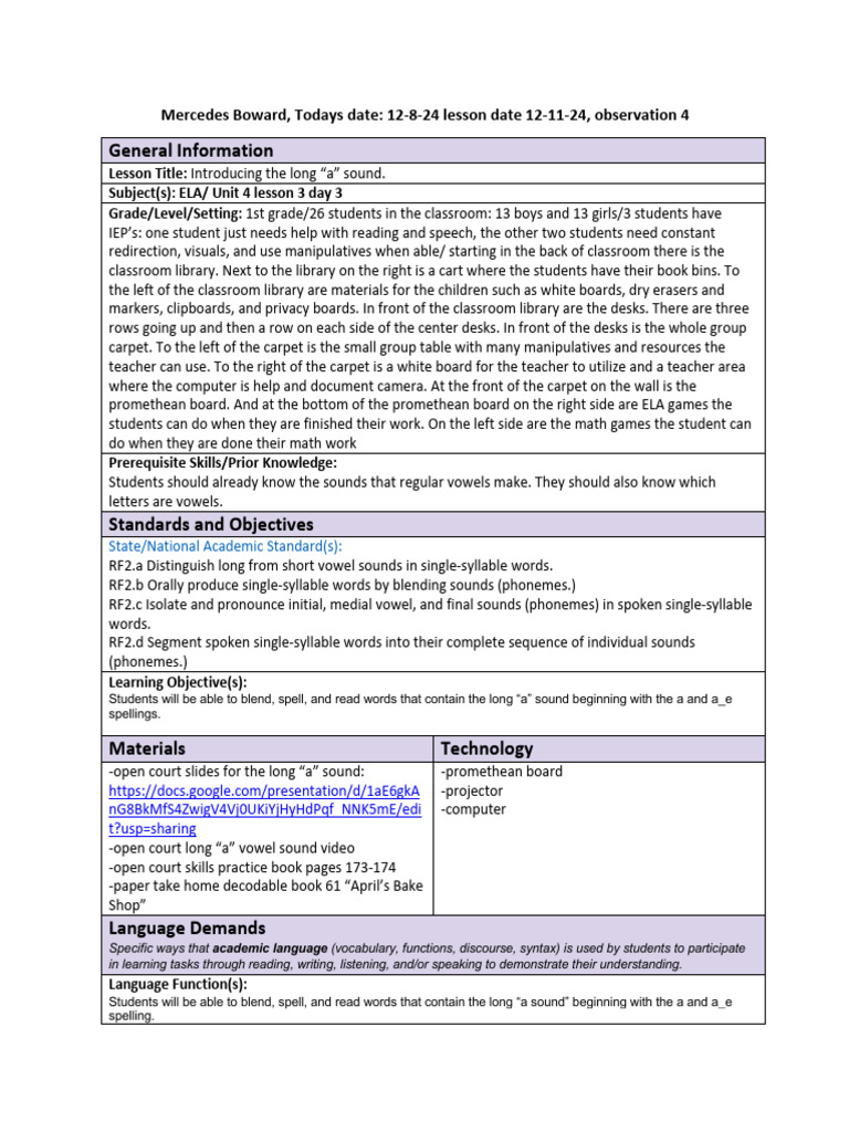 ELA Lesson Plan-Observation 4 | PDF | Classroom | Human Communication