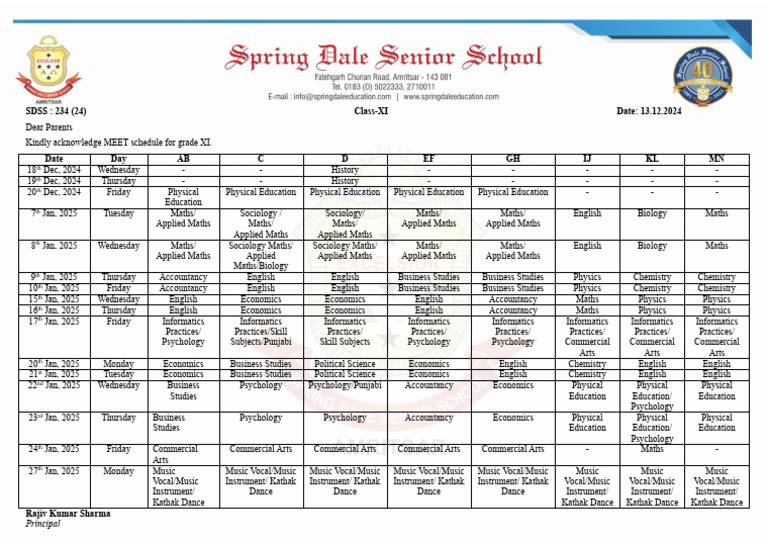 Class 11 Schedule and Subjects List | PDF | Science