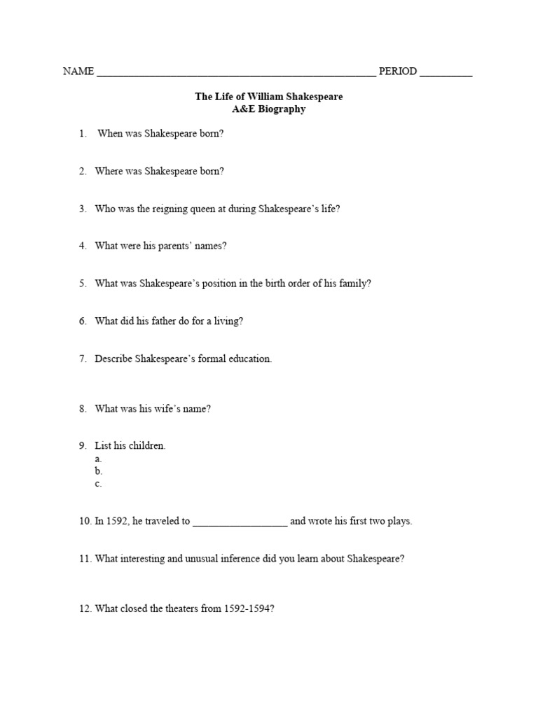 Shakespeare Bio Viewing Guide Questions | PDF