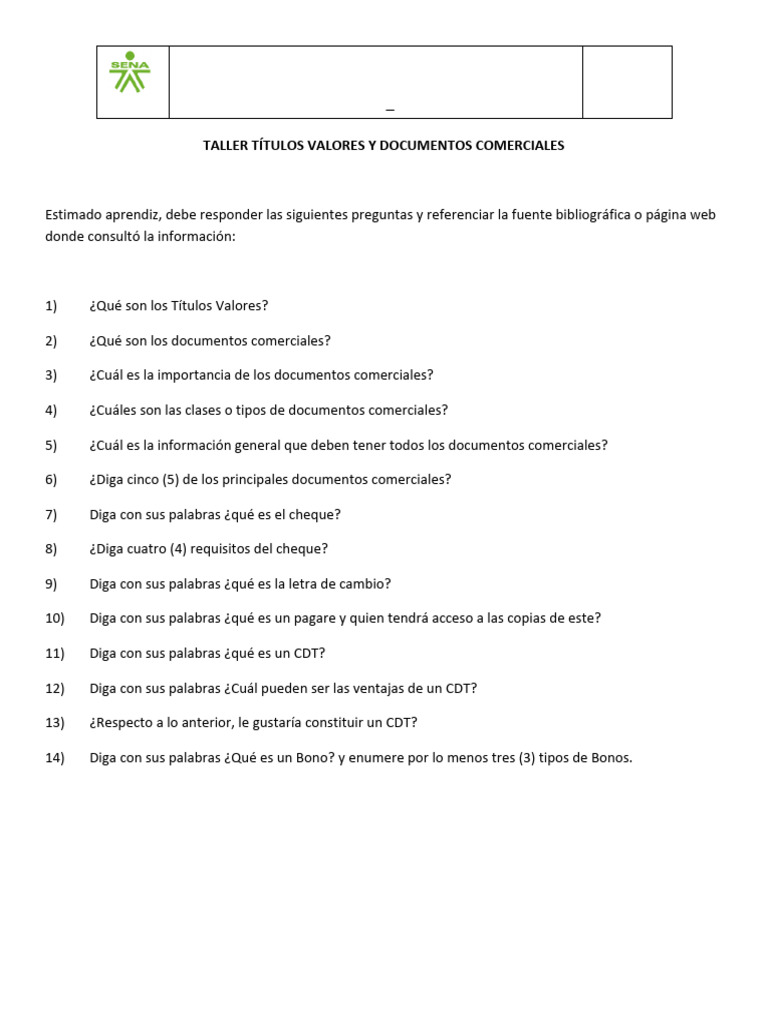Cuestionario Sobre Documentos Comerciales | PDF