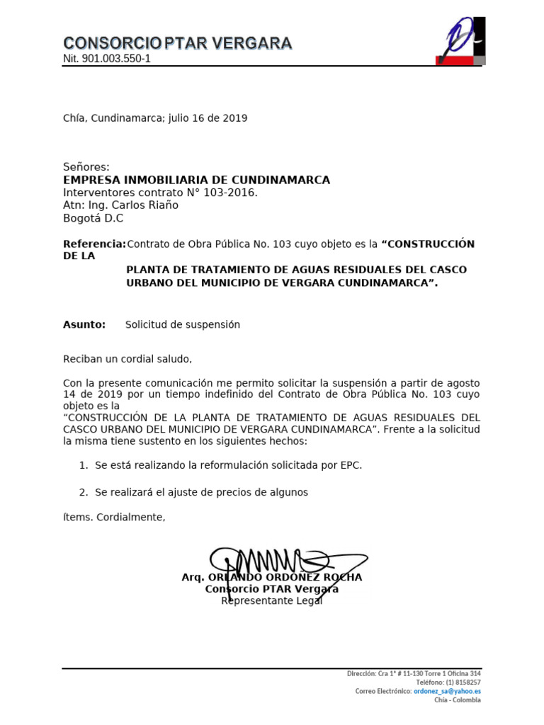 Oficio - Solicitud de Suspension 14-8-19 Interventoria | PDF