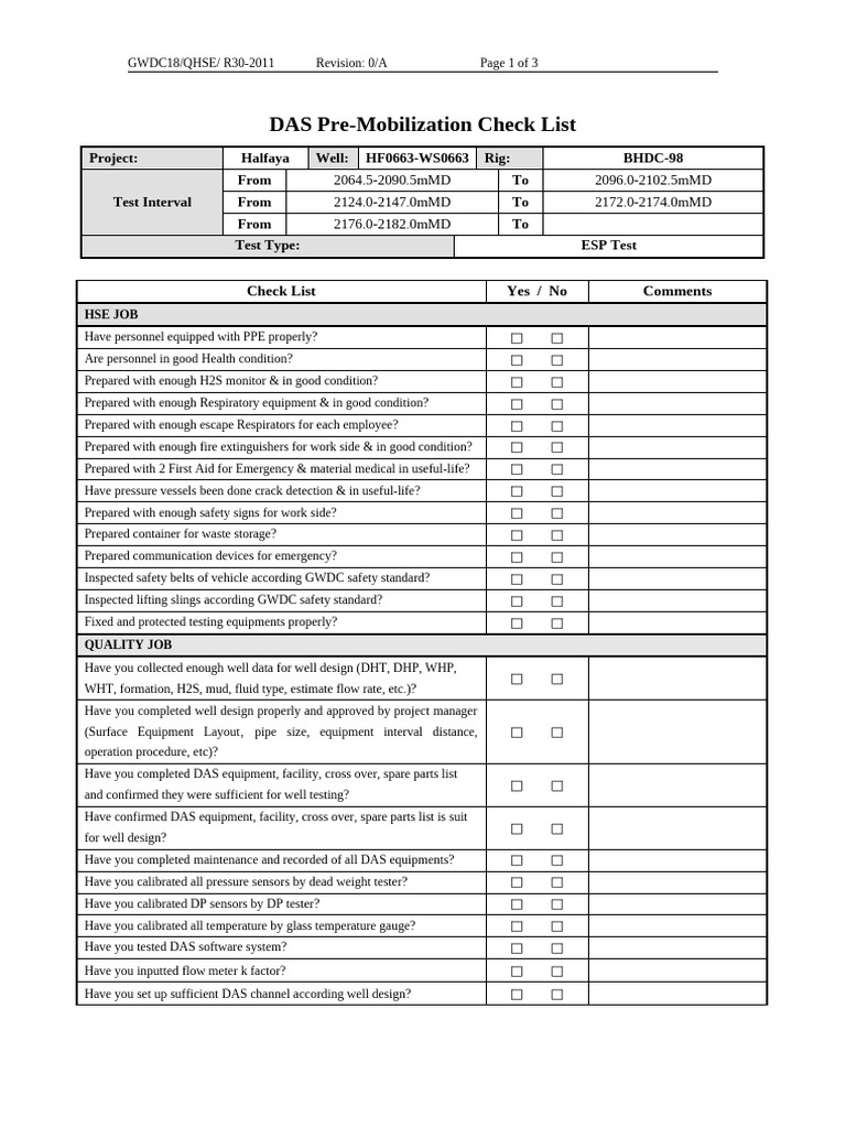 DAS Pre-Mobilization Check List | PDF | Calibration | Equipment