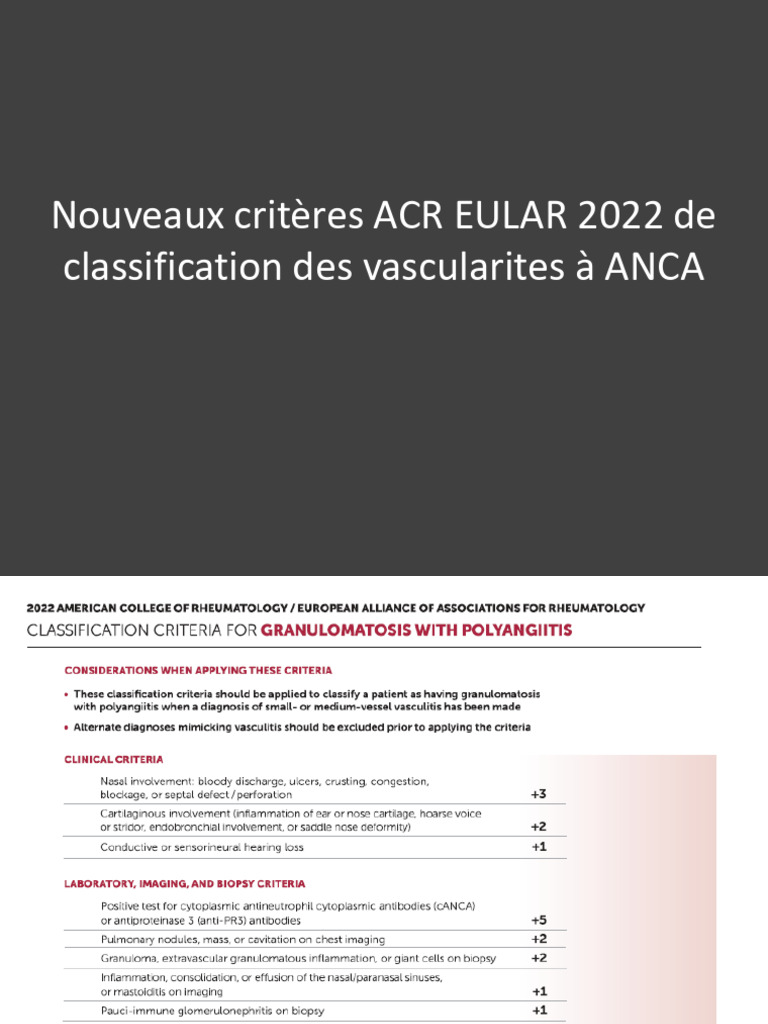 Vascularites À ANCA-Nouveaux Critères de Classification ACR EULAR 2022 ...