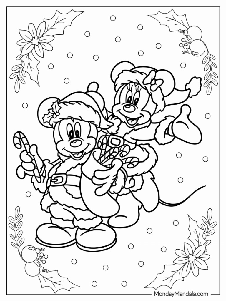 Mickey and Minnie Mouse in Santa Outfit Holding Candy Canes Coloring ...