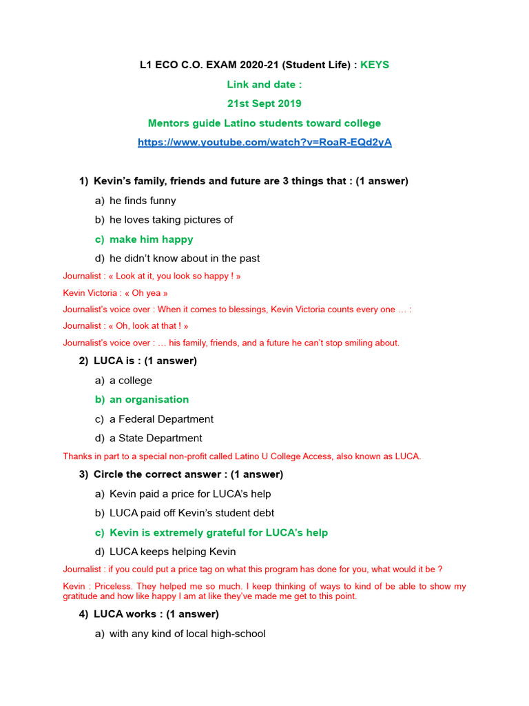 Practice CO Exam Answers (Student Life) | PDF