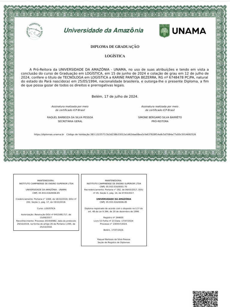 Diploma de Graduação Unama - Logistica | PDF