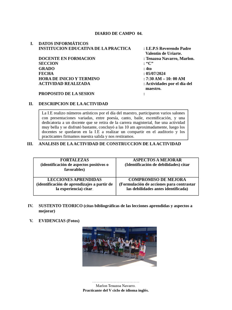 Diario de Campo 04° Viernes 05-07-2024 | PDF