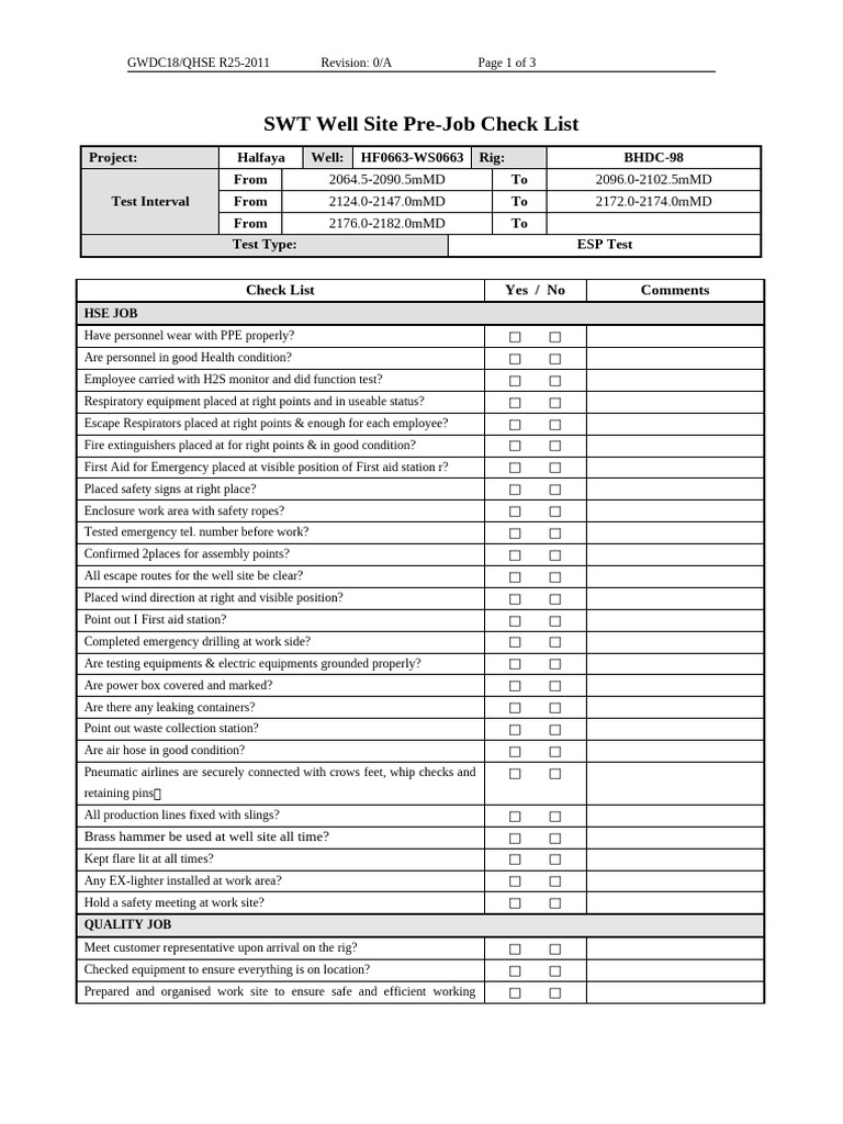 SWT Well Site Pre-Job Checklist | PDF | Valve | Pump