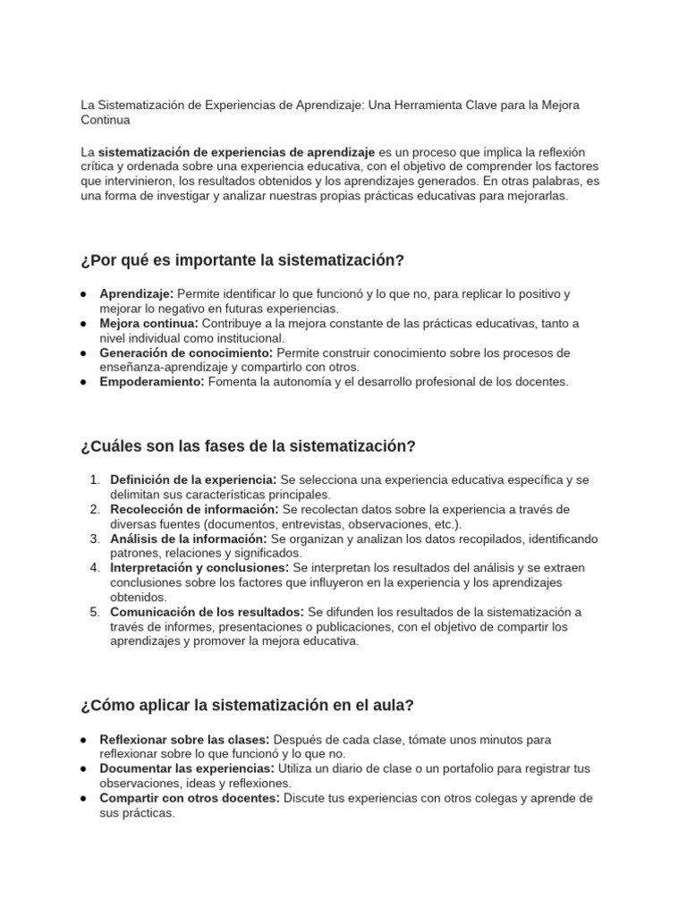 METOLOGIA DE LA SISTEMATIZACION DE EXPERIENCIAS DE APRE... | PDF | Aprendizaje | Enseñando