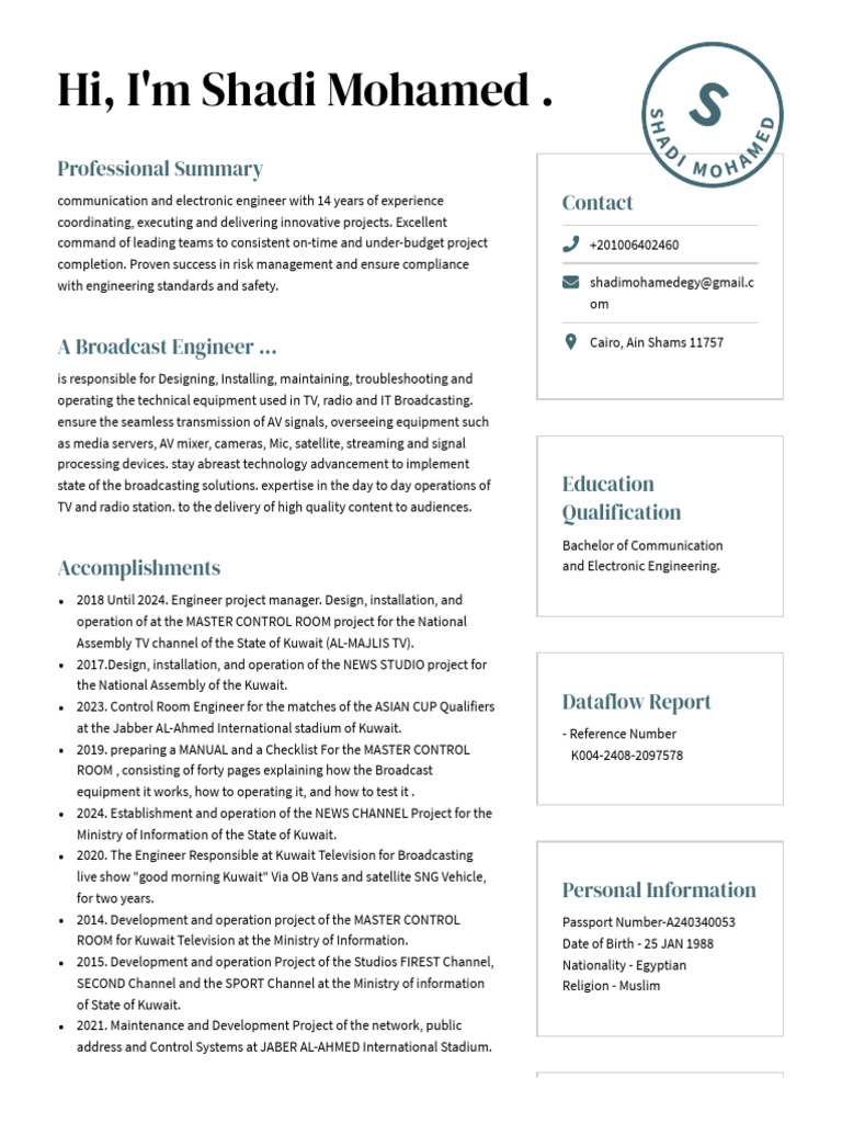 Eng.Shadi-Mohamed_CV | PDF | Broadcasting | Kuwait