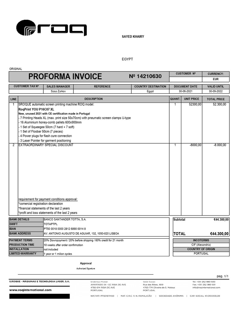 FATURA PROFORMA ROQ 14210630 1607 SAYED KHAIRY | PDF | Accounting