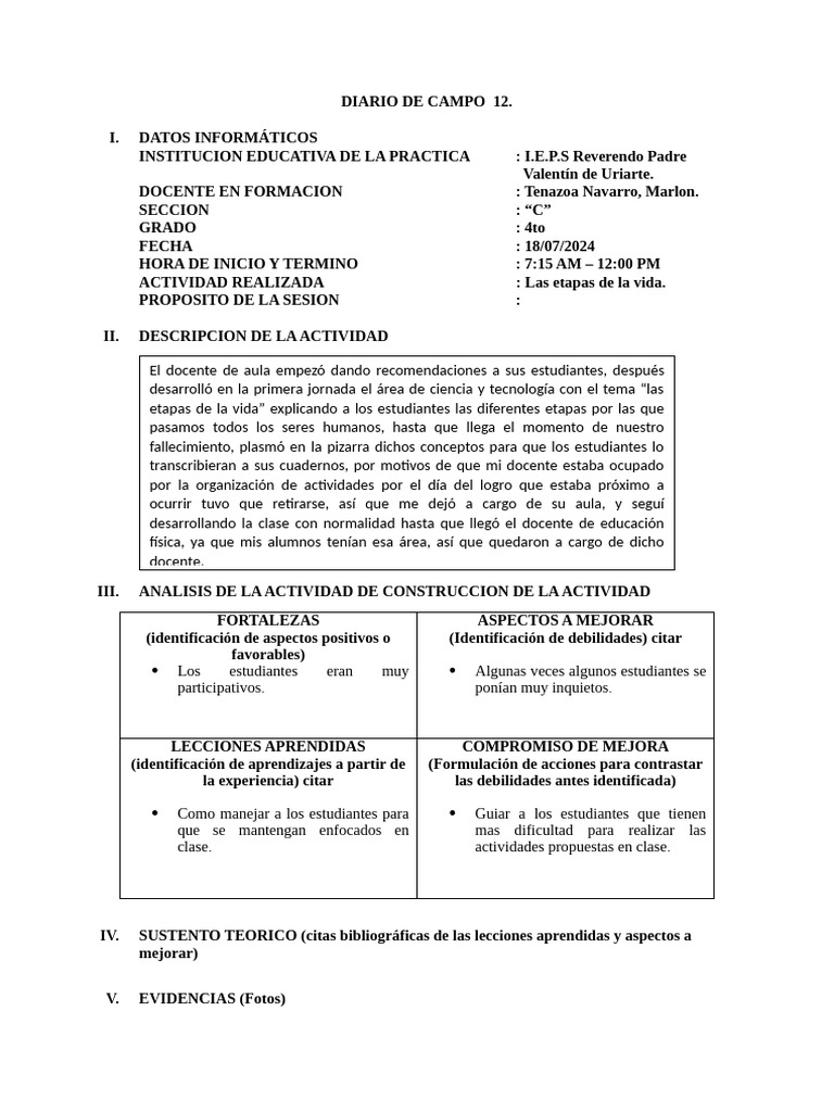 Diario de Campo 12° Jueves 18-07-2024 | PDF | Maestros | Modificación de comportamiento