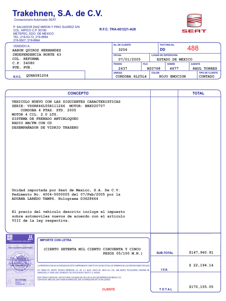 FACTURA SEAT 2005 | PDF | Coche | Vehículo de motor