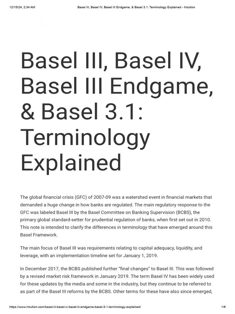 Basel III, Basel IV, Basel III Endgame, & Basel 3.1 - Terminology Explained - Intuition | PDF ...