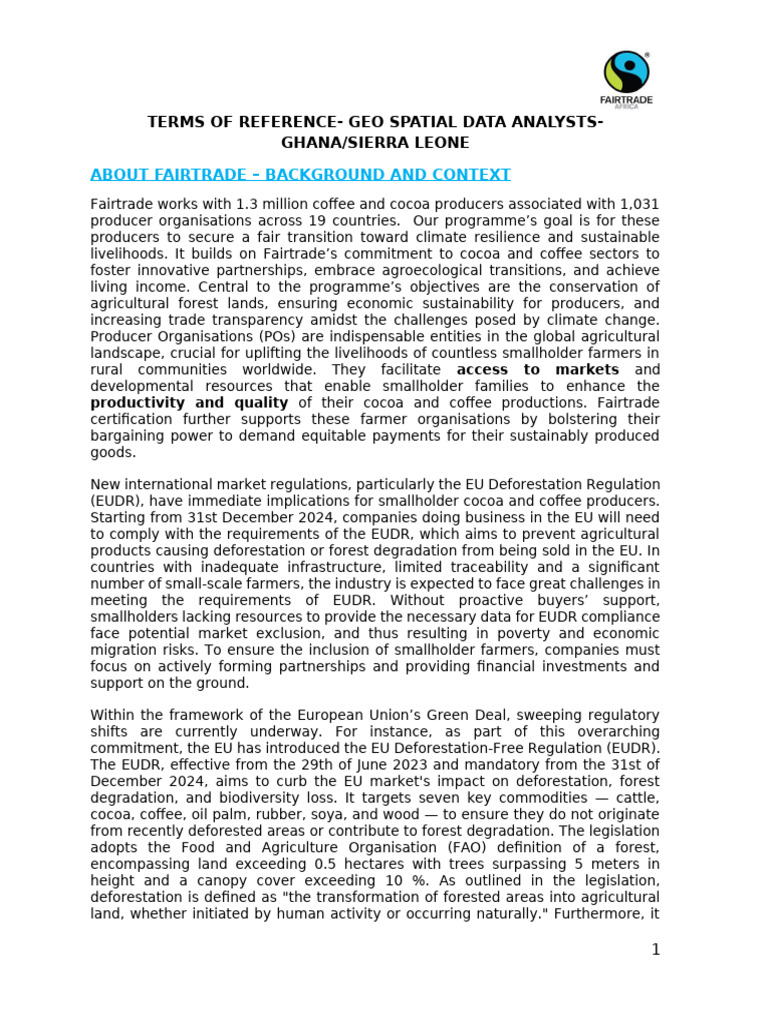 TOR Geo Spatial Data Analysts Ghana or Sierra Leone | PDF | Fair Trade | Smallholding