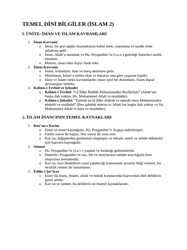 TEMEL DİNİ BİLGİLER Özet | PDF
