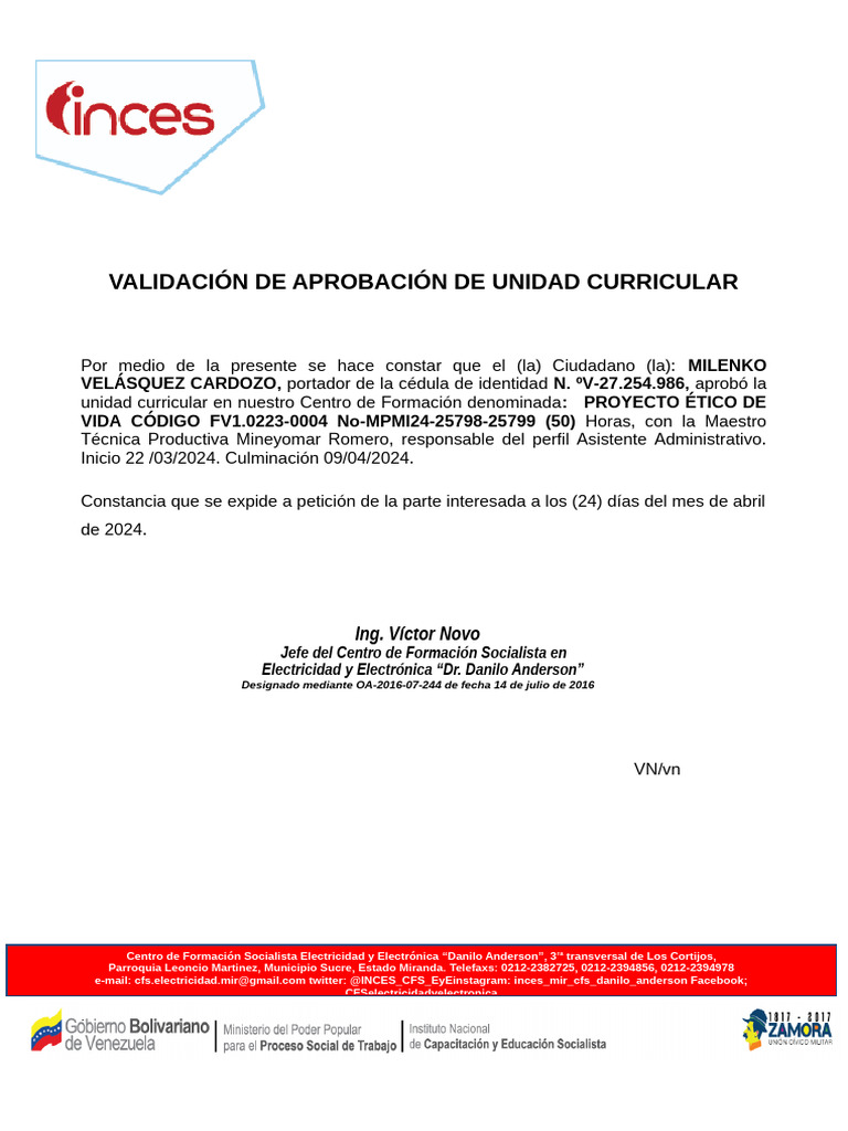 VALIDACION Proyecto Etico de Vida MILENKO - Docx MODELO | PDF